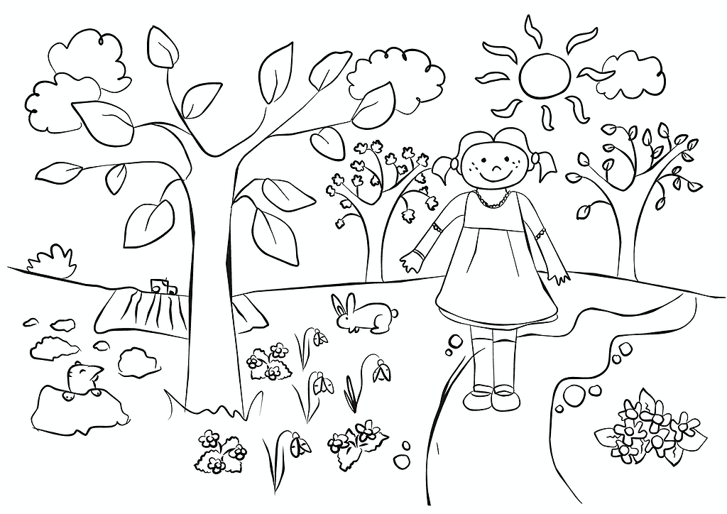 Spring: Girl on the Path Coloring Page