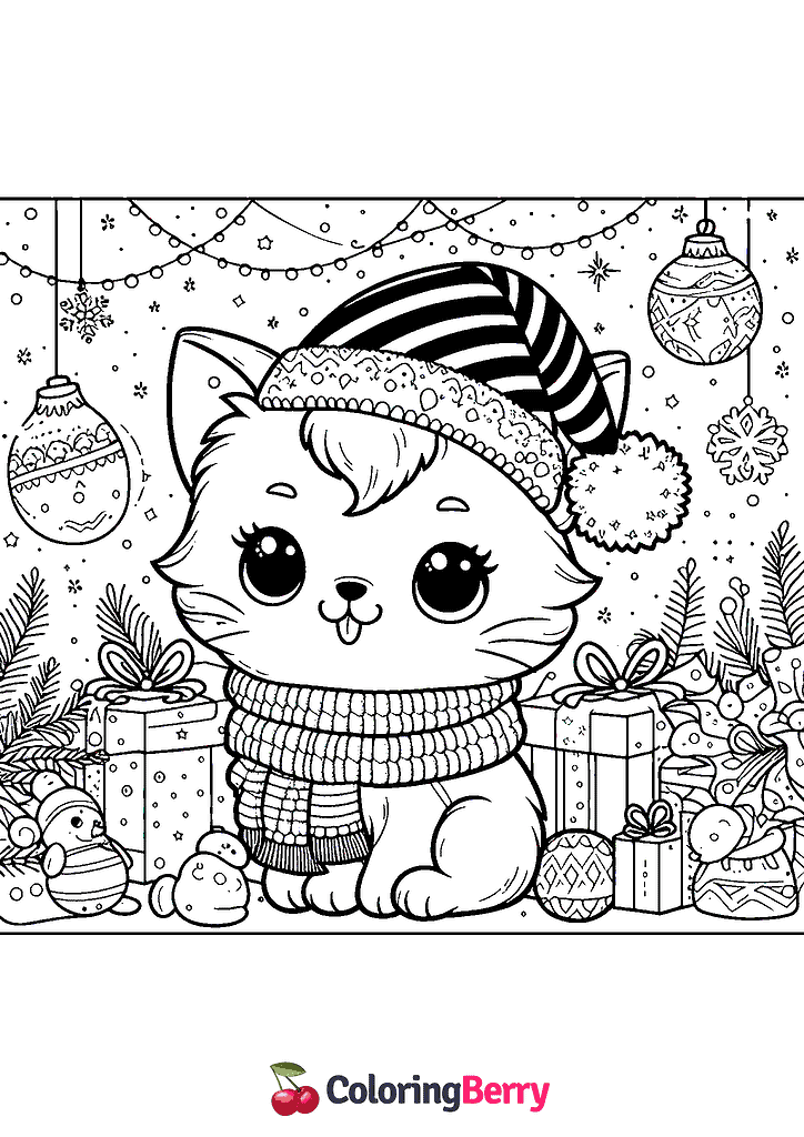 Kitty Cat Christmas Coloring Page (Free PDF Printable)