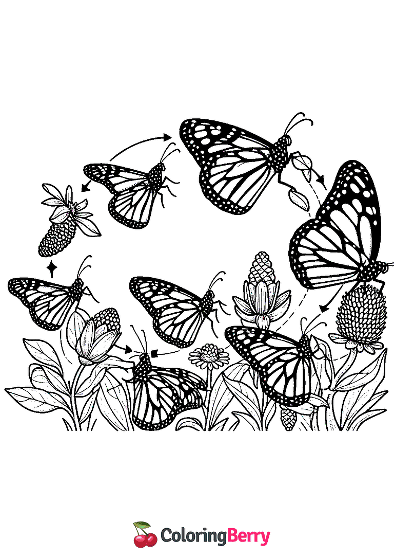 Monarch Butterfly Life Cycle Coloring Page (Free PDF Printable)
